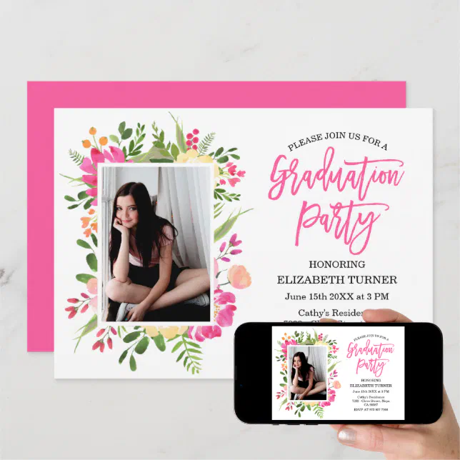 Custom Photo Hand Lettered Graduation Floral Invitation | Zazzle