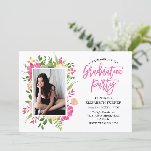 Custom Photo Hand Lettered Graduation Floral Invitation | Zazzle