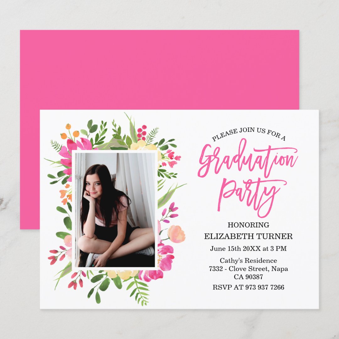 Custom Photo Hand Lettered Graduation Floral Invitation | Zazzle