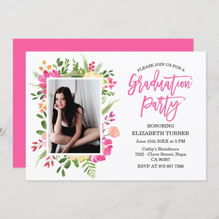 Custom Photo Hand Lettered Graduation Floral Invitation | Zazzle