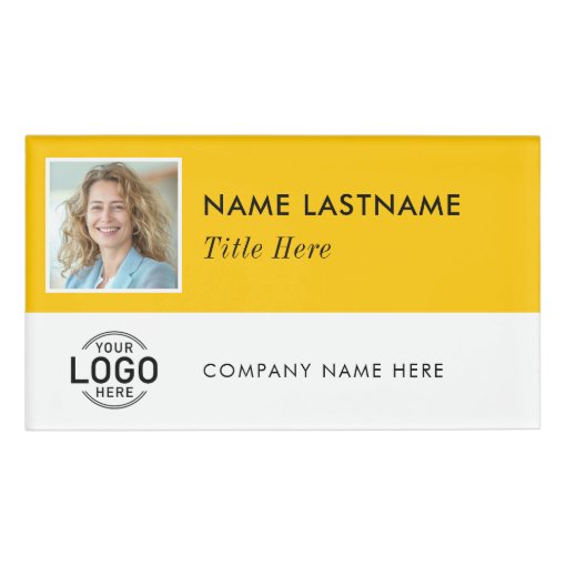 Custom Photo ID Logo Magnetic Large Yellow White Name Tag | Zazzle