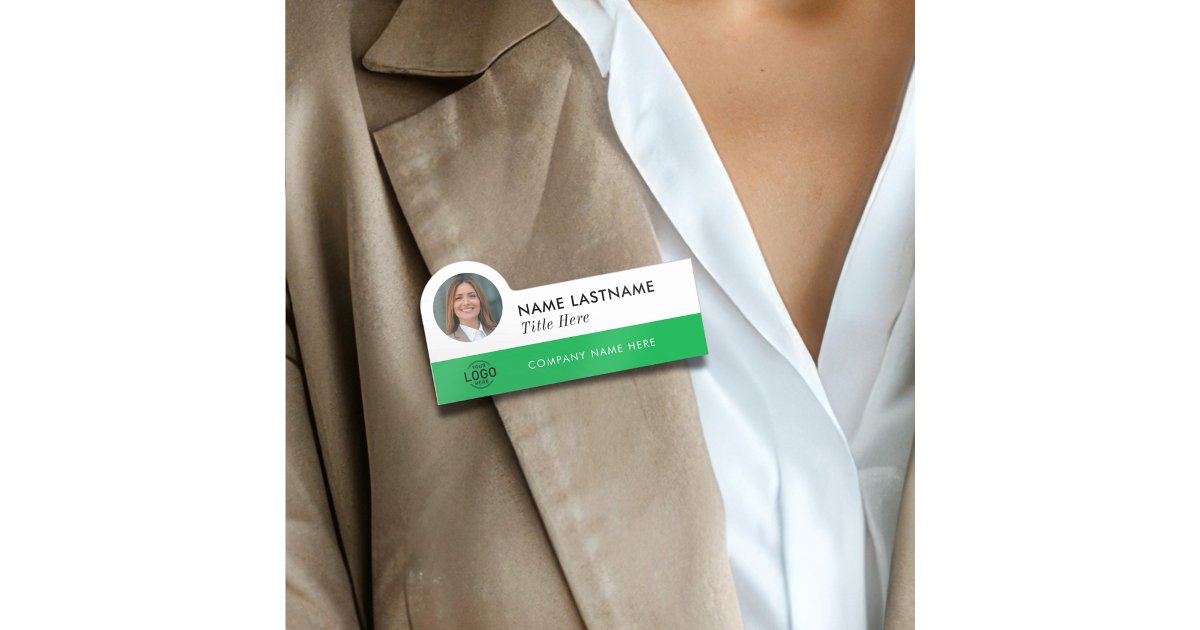 Custom Photo ID Logo Modern Green White Simple Name Tag | Zazzle