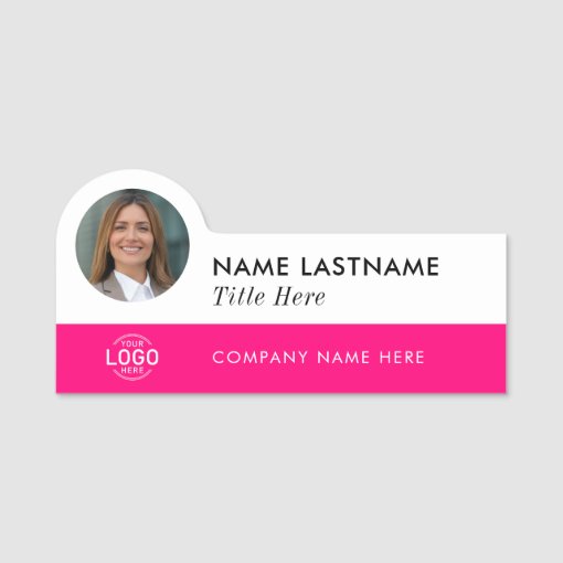 Custom Photo ID Logo Modern Magenta Pink Employee Name Tag | Zazzle