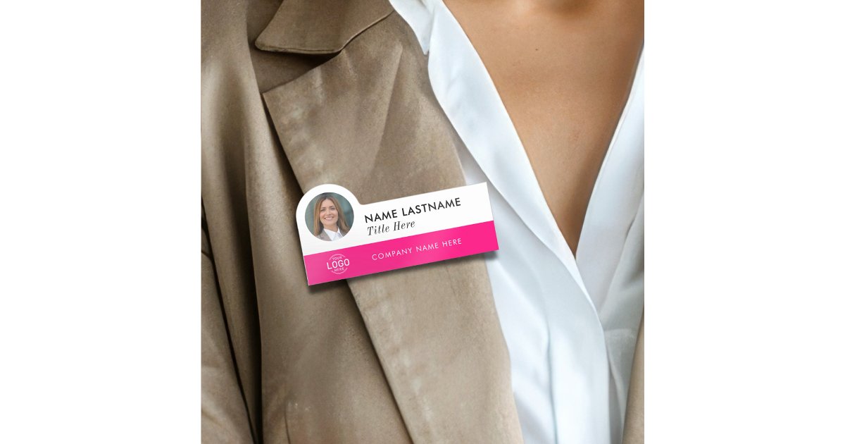 Custom Photo ID Logo Modern Magenta Pink Employee Name Tag | Zazzle