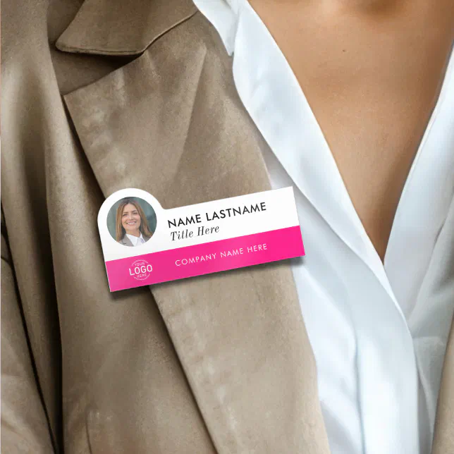 Custom Photo ID Logo Modern Magenta Pink Employee Name Tag | Zazzle