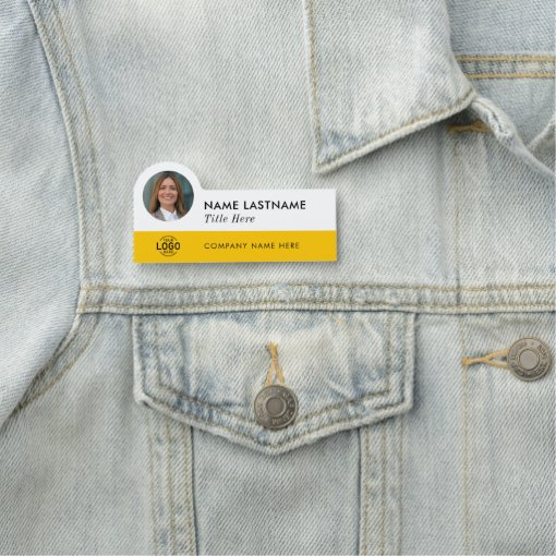 Custom Photo ID Logo Modern Yellow Simple Employee Name Tag | Zazzle