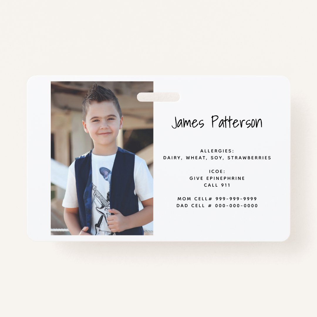 Custom Photo Kids Allergy Alert ICOE Warning Badge | Zazzle