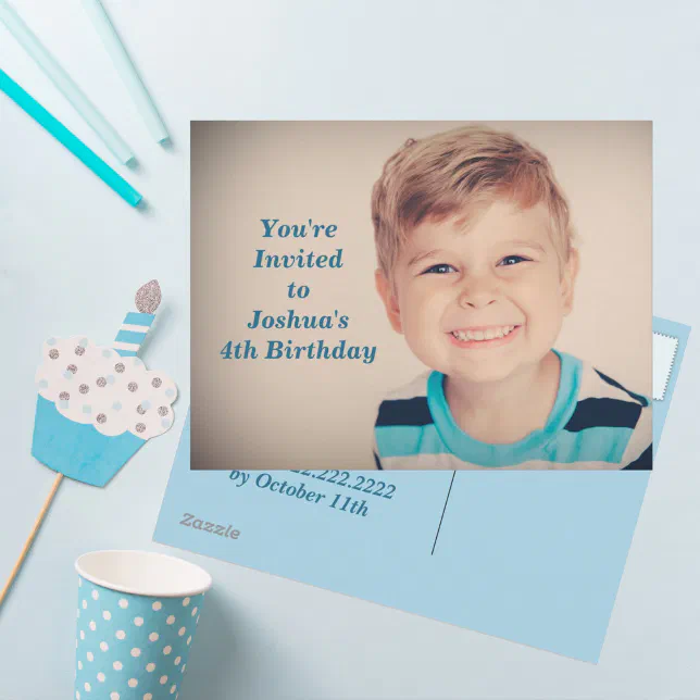 Custom Photo Kids Birthday Party Boy Blue Invitation Postcard | Zazzle