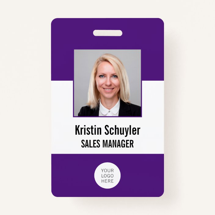 Custom Photo Logo Barcode Modern Purple White Badge | Zazzle.com