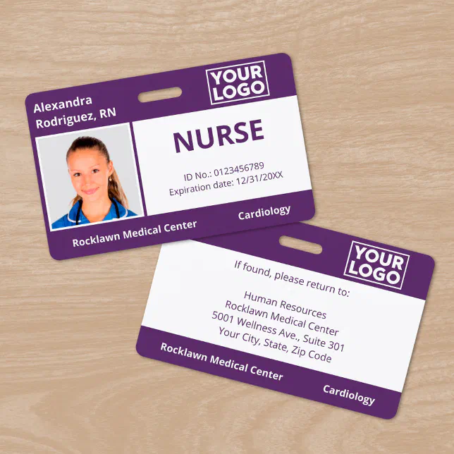 Custom Photo Logo Purple Medical Employee ID Badge | Zazzle
