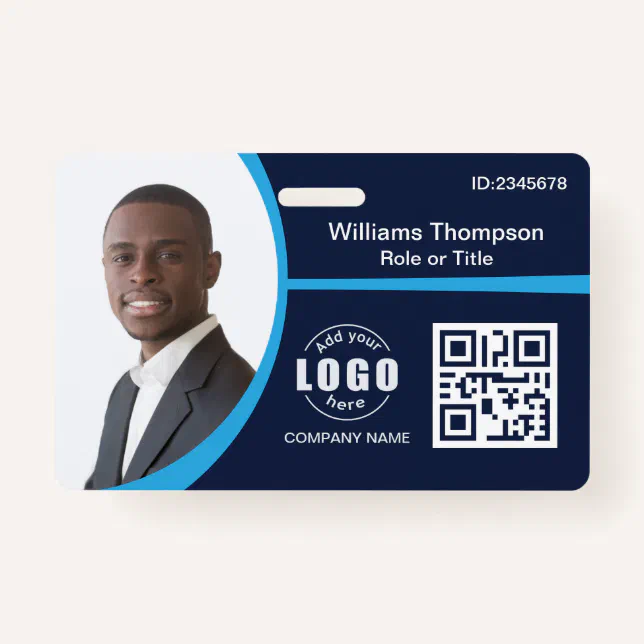 Custom Photo Logo QR Code Employee Corporate Blue Badge | Zazzle