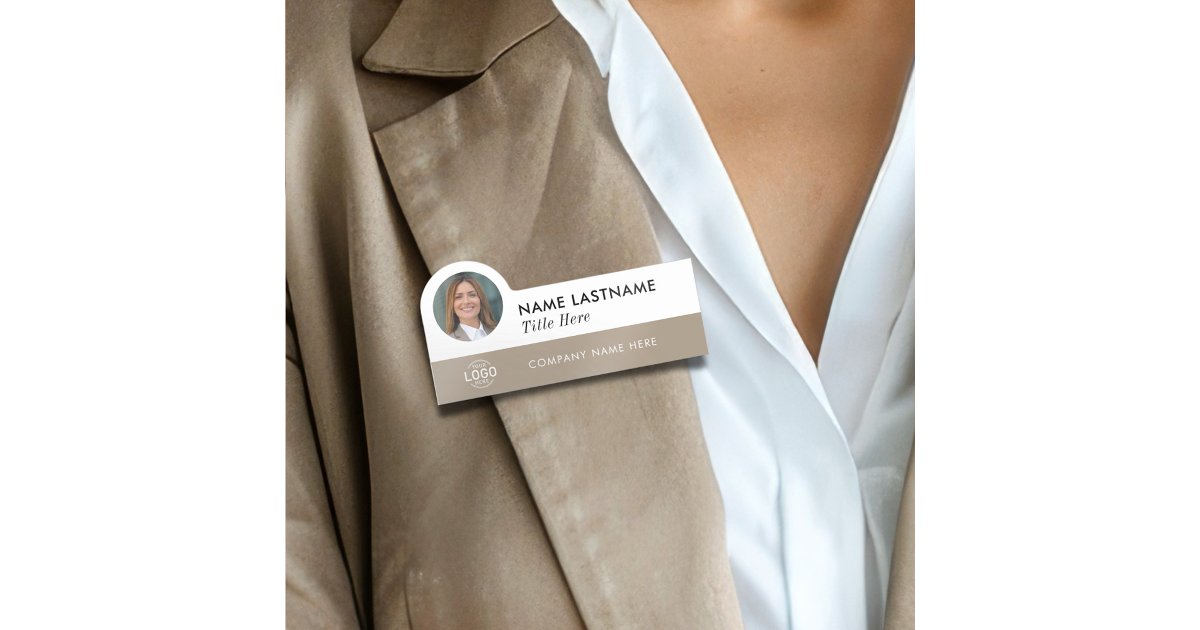 Custom Photo Logo Title Modern Beige White Simple Name Tag | Zazzle