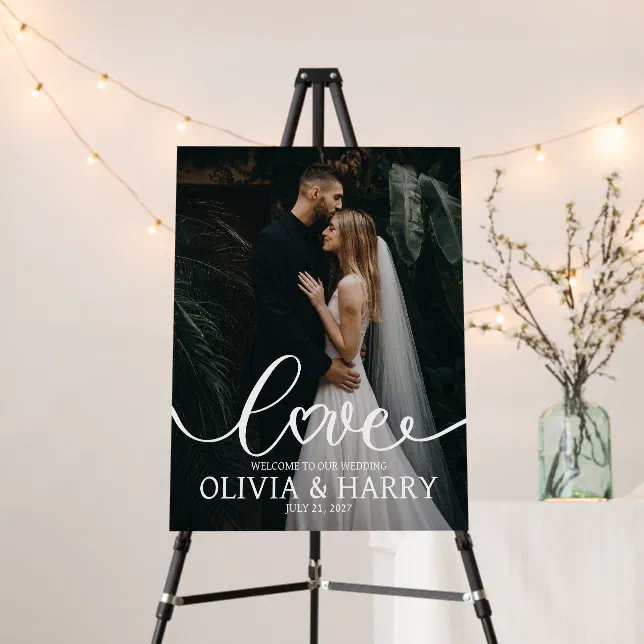 Custom Photo Love Script Wedding Welcome Foam Board | Zazzle