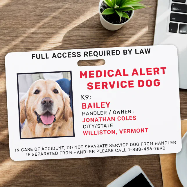 Custom Photo Medical Alert Service Dog ID Badge | Zazzle