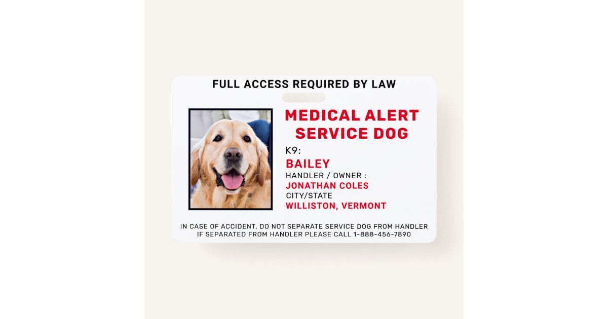 Custom Photo Medical Alert Service Dog ID Badge | Zazzle