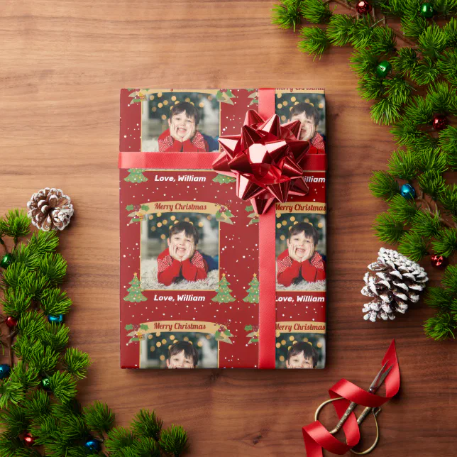 Custom Photo Merry Christmas Holiday Red Wrapping Paper | Zazzle