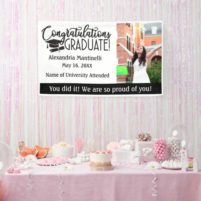 Custom Photo & Message Black & White Graduation Banner | Zazzle