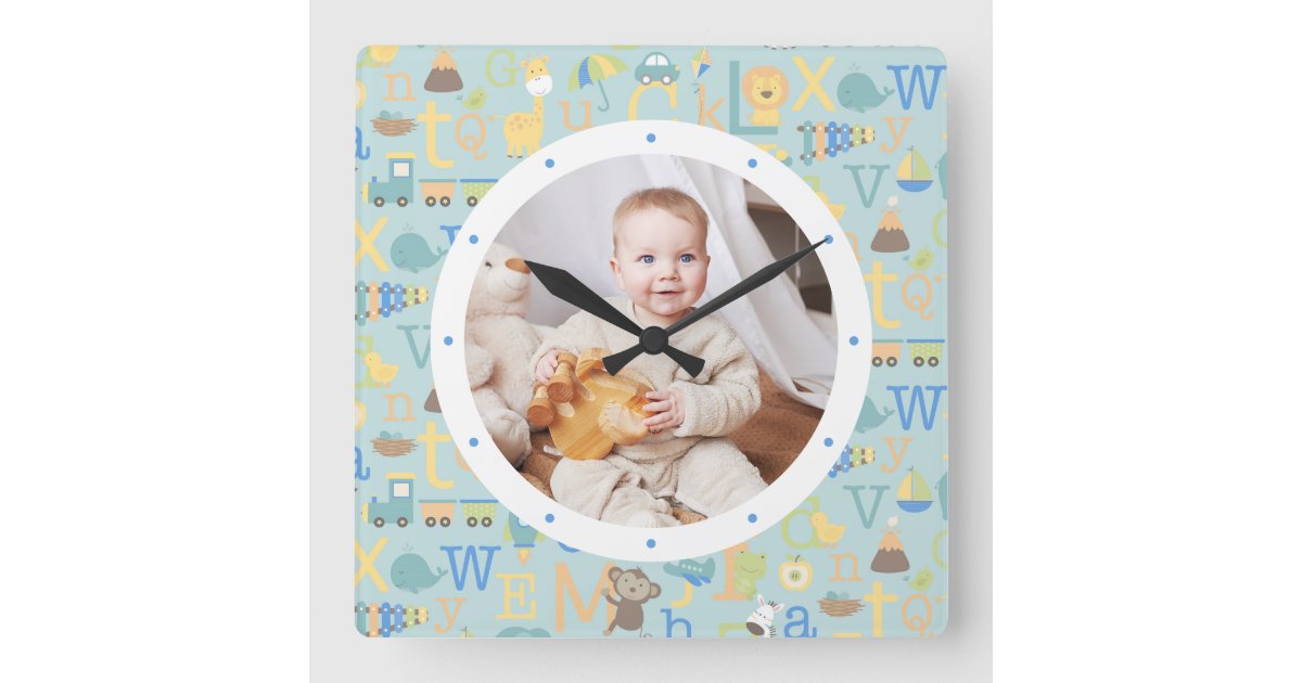 Custom Photo Modern Baby Boy Personalized Nursery Square Wall Clock ...