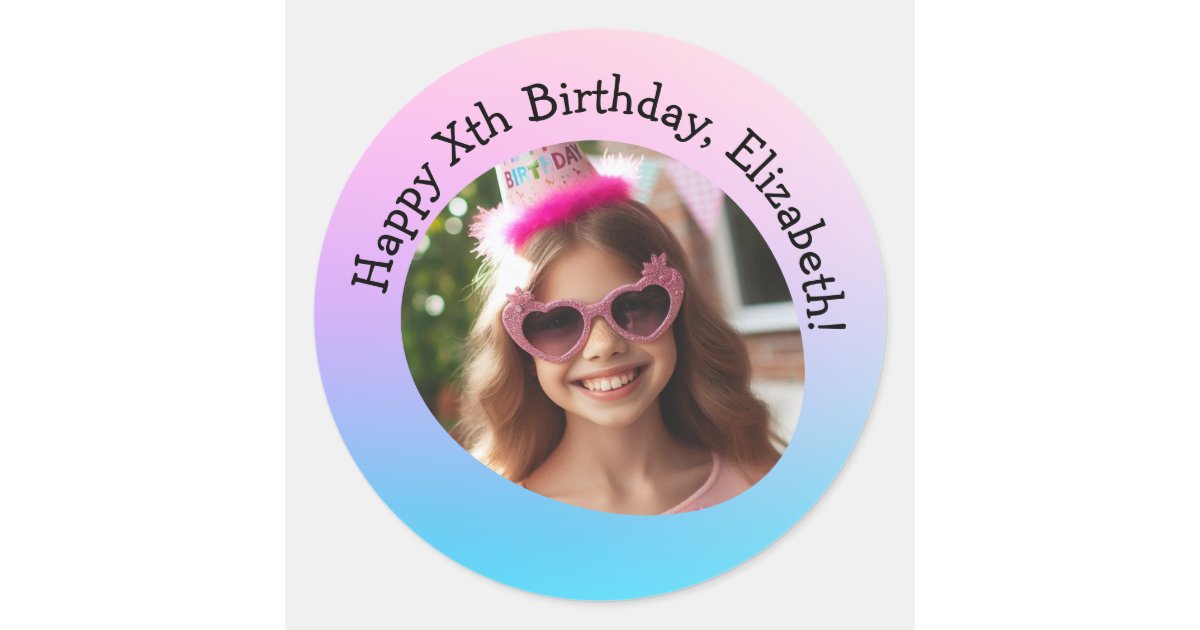 Custom Photo Name & Age Happy Birthday Gradient Classic Round Sticker ...