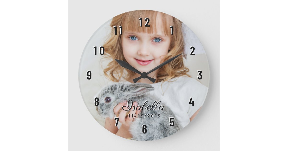 Custom Photo Name Birth Date Black Numbers Large Clock | Zazzle