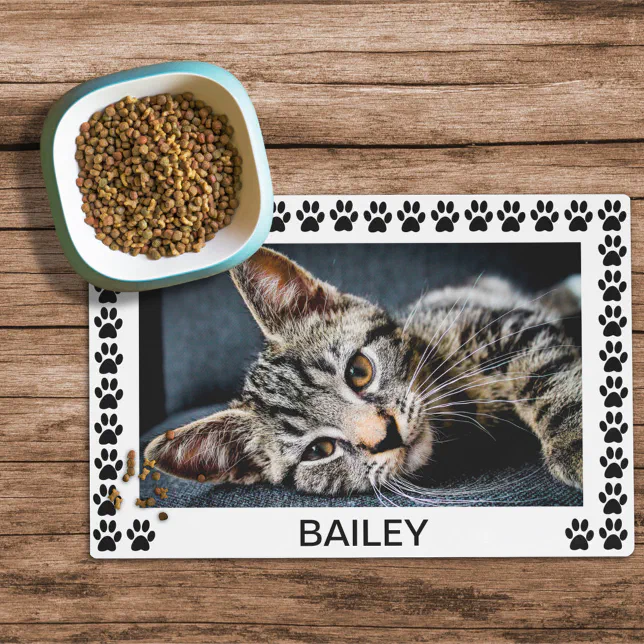 Custom Photo & Name Paw Print White Pet Food Mat | Zazzle