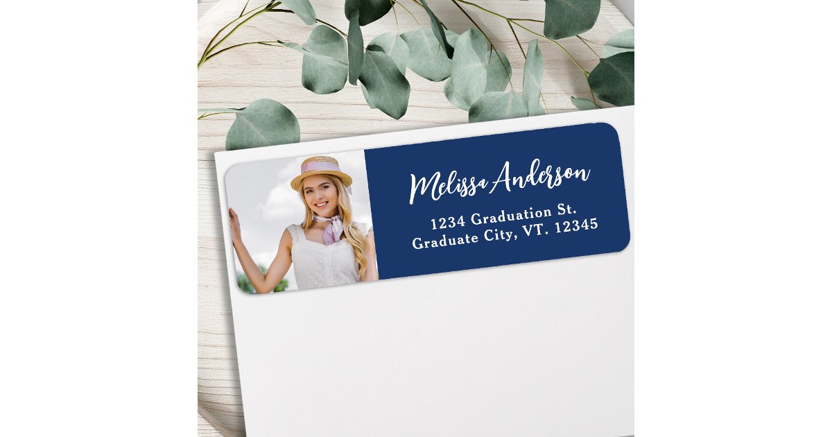 Custom Photo Navy Blue Graduation Return Address Label | Zazzle