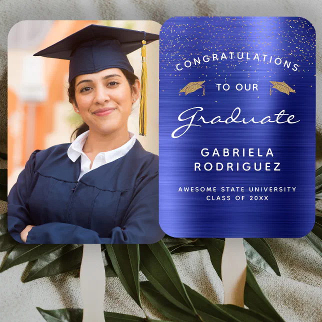 Custom Photo Navy Blue Metallic Graduation Hand Fan | Zazzle