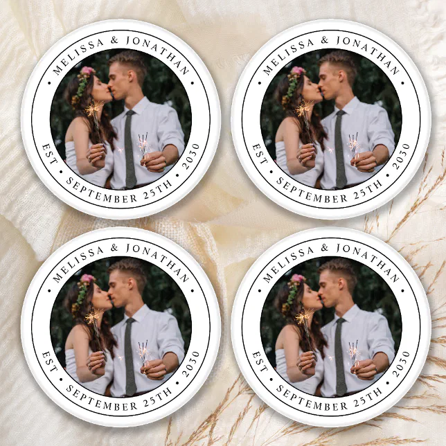 Custom Photo Newlywed Couple Name Est Date Wedding Coaster Set | Zazzle