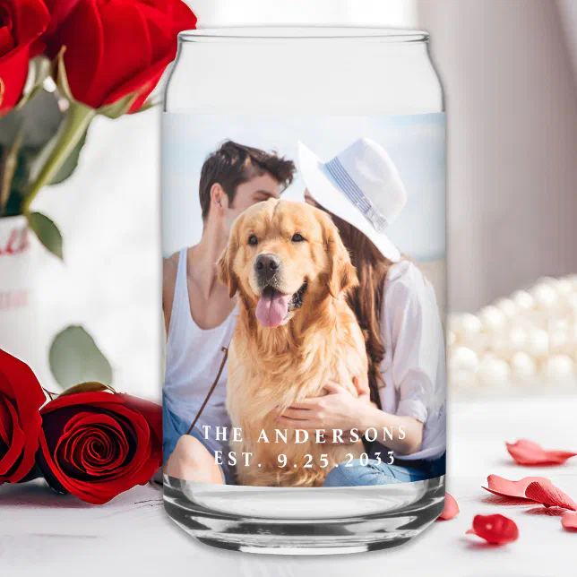 Custom Photo Newlywed Name Date Modern Wedding Can Glass | Zazzle