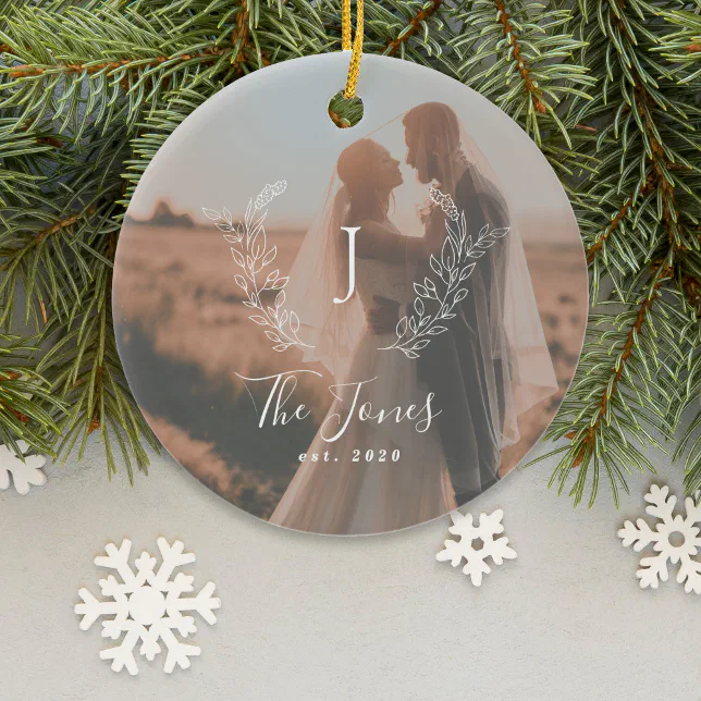 Custom photo newlyweds name monogram elegant ceramic ornament | Zazzle