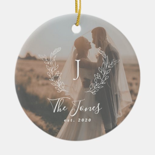 Custom photo newlyweds name monogram elegant ceramic ornament | Zazzle
