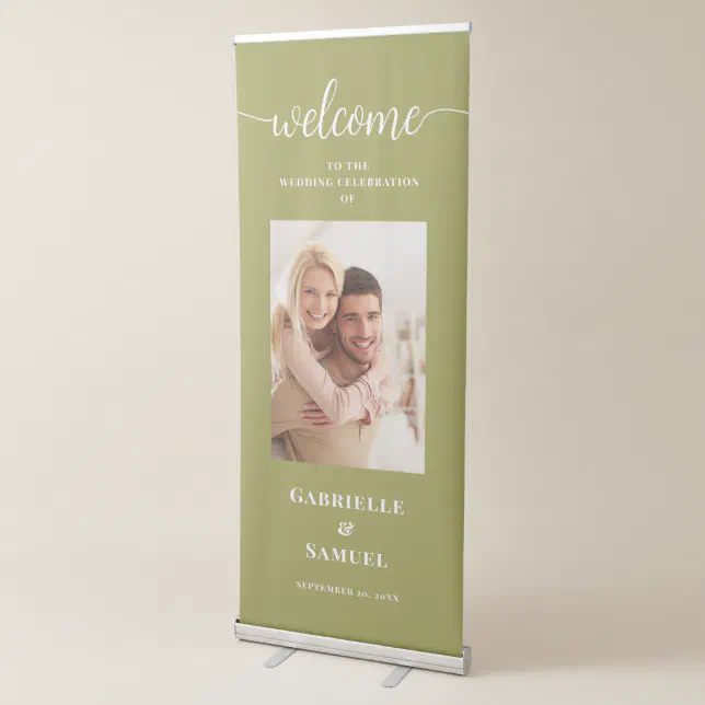 Custom Photo Olive Green Simple Wedding Welcome Retractable Banner | Zazzle
