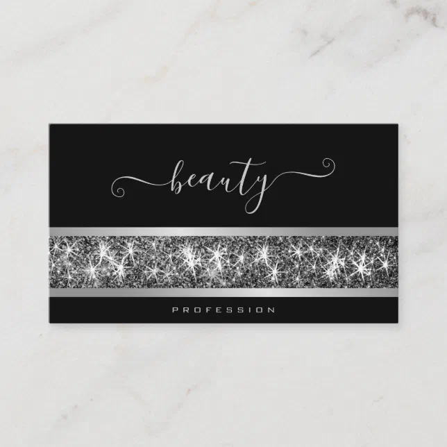 Custom Photo or Logo Luminous Silver Glitter Black Business Card | Zazzle