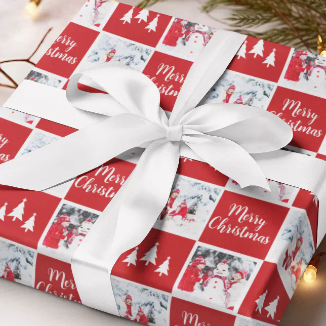 Custom Photo Pattern Red White Merry Christmas Wrapping Paper | Zazzle