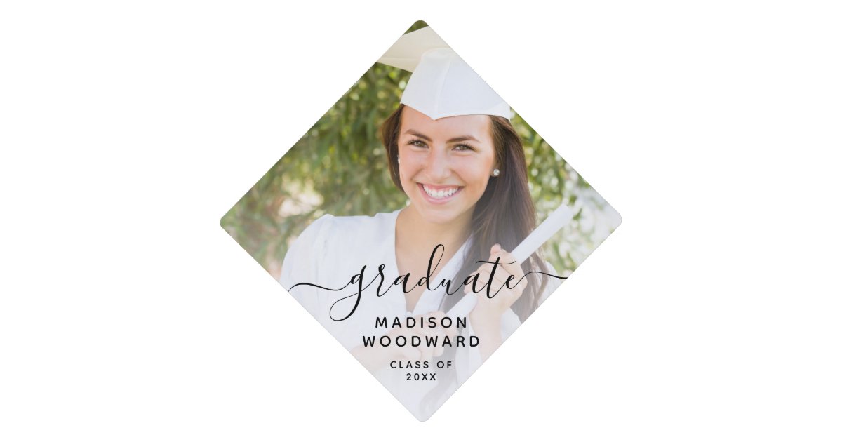 Custom Photo Personalized Black Script Graduation Graduation Cap Topper ...