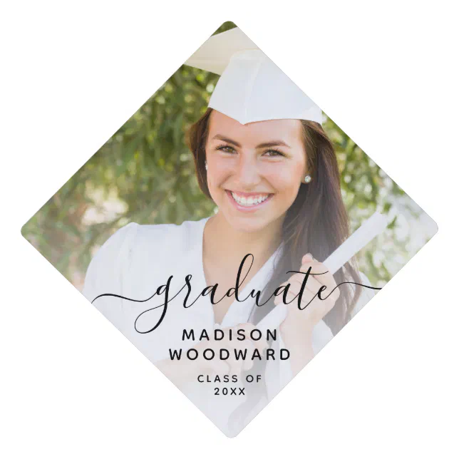 Custom Photo Personalized Black Script Graduation Graduation Cap Topper ...