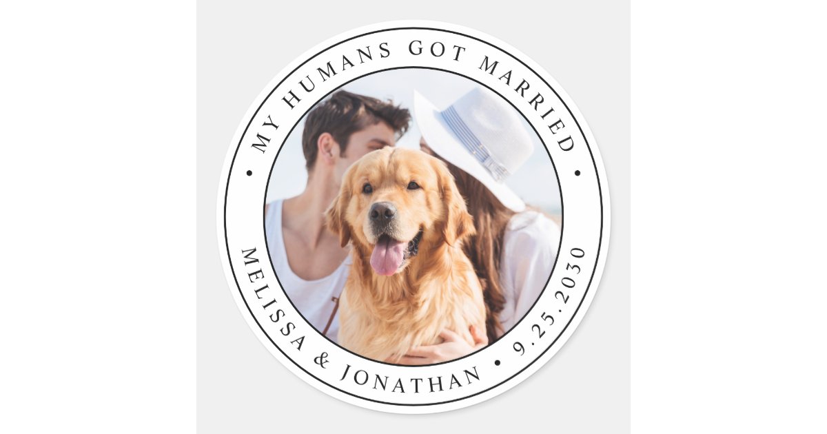 Custom Photo Pet Dog Just Married Wedding Classic Round Sticker ...