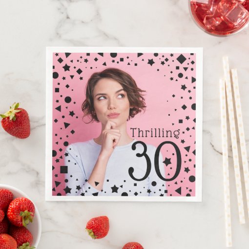 Custom Photo Pink Black Confetti 30th Birthday Paper Dinner Napkins ...