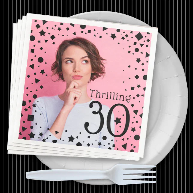 Custom Photo Pink Black Confetti 30th Birthday Paper Dinner Napkins ...