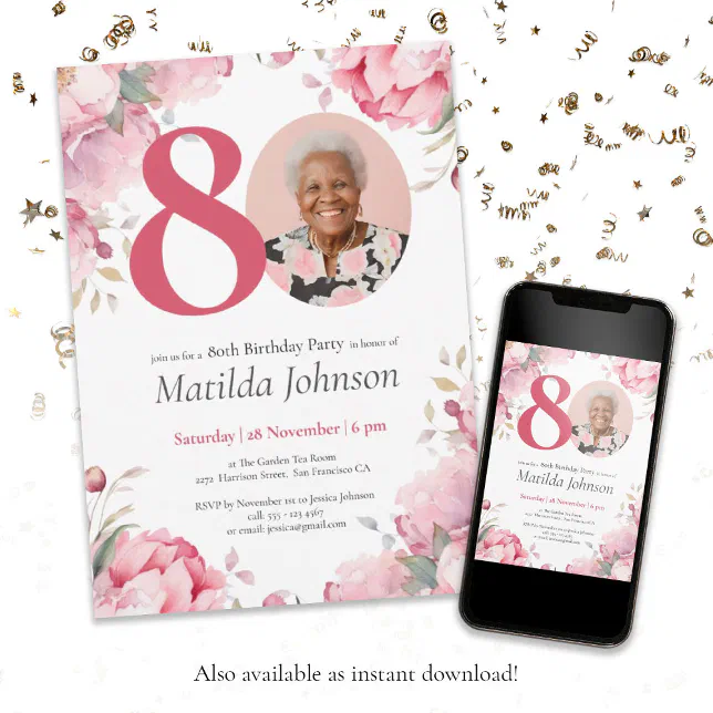 Custom Photo Pink Floral 80th Birthday Invitation | Zazzle