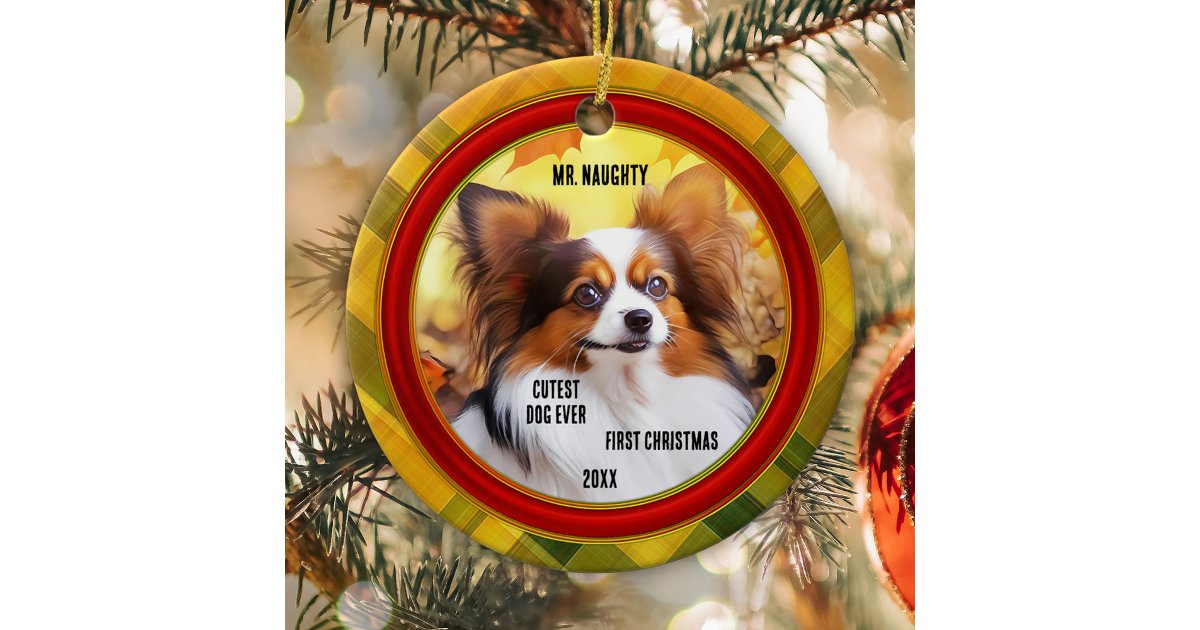Custom Photo Plaid Cutest Puppy Dog Ceramic Ornament | Zazzle