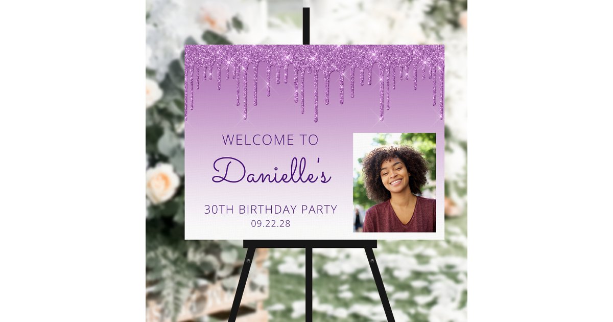 Custom Photo Purple Glitter 30th Birthday Welcome Foam Board | Zazzle