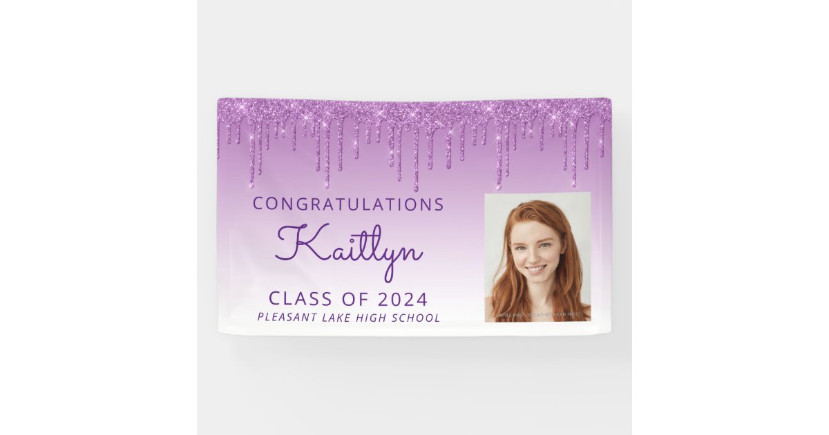 Custom Photo Purple Glitter Drip Graduation Banner | Zazzle
