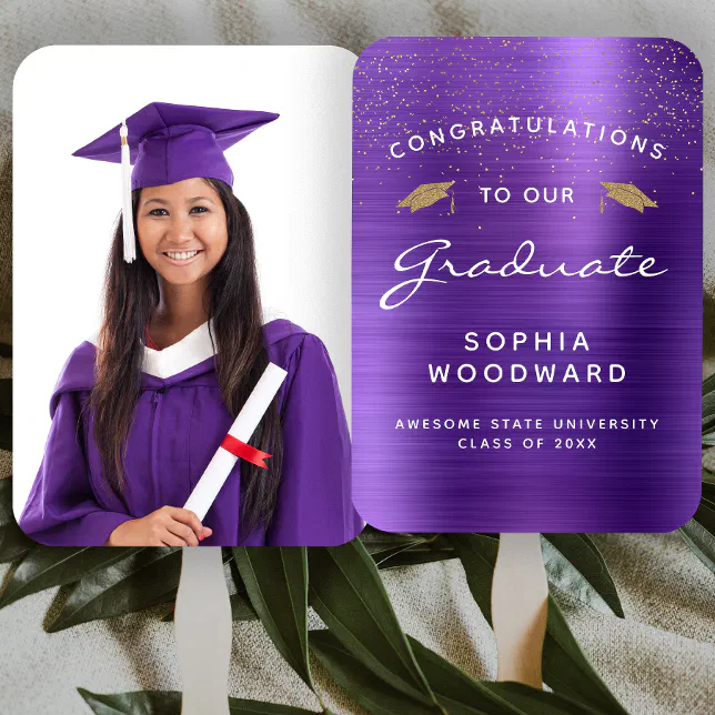 Custom Photo Purple Metallic White Gold Graduation Hand Fan | Zazzle