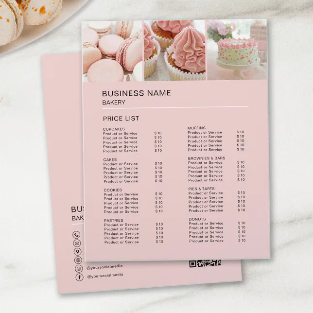 Custom Photo QR Pink Bakery Price List Flyer | Zazzle