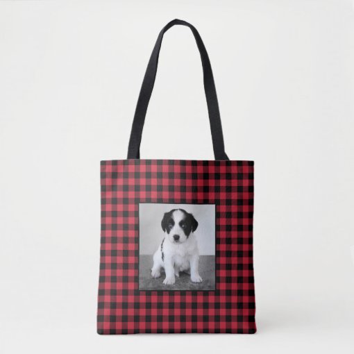 Custom Photo Red Black Buffalo Check Pattern Tote Bag | Zazzle