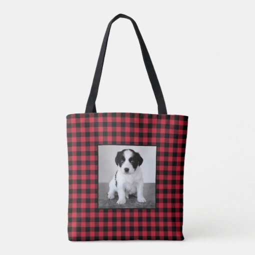 Custom Photo Red Black Buffalo Check Pattern Tote Bag | Zazzle