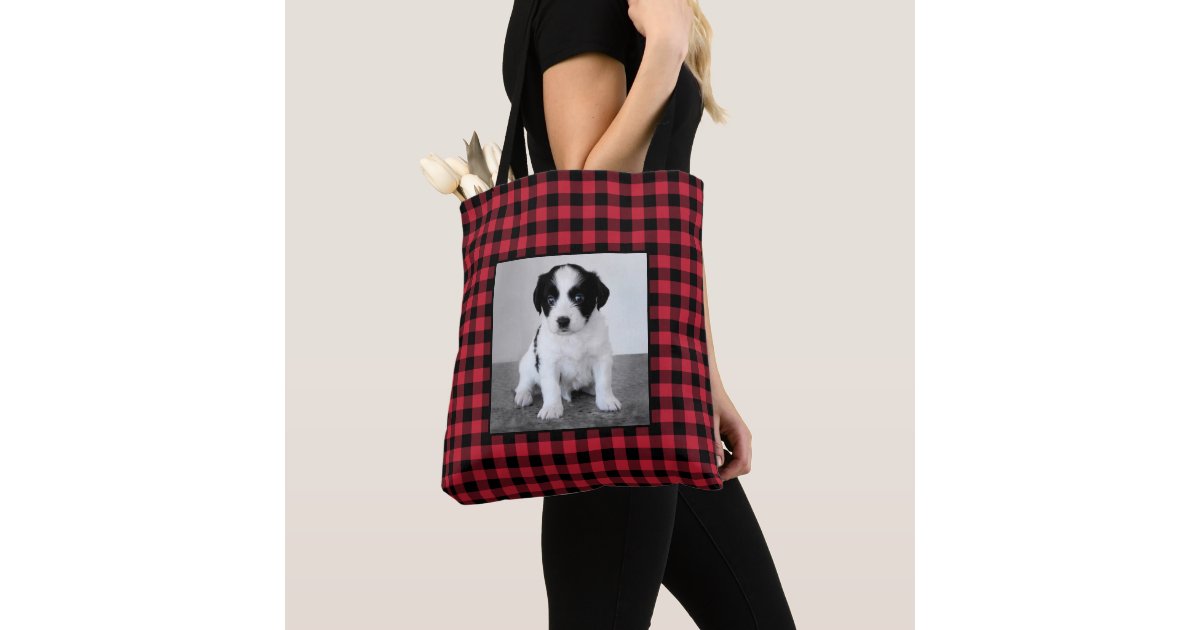 Custom Photo Red Black Buffalo Check Pattern Tote Bag | Zazzle