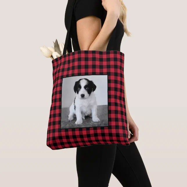 Custom Photo Red Black Buffalo Check Pattern Tote Bag | Zazzle