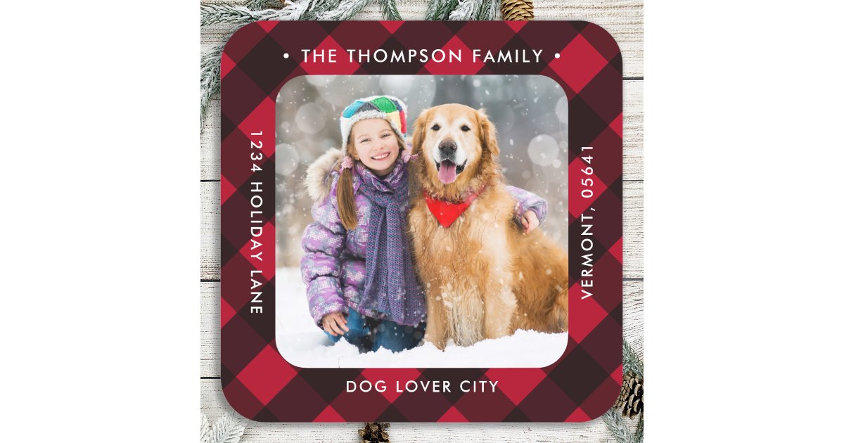 Custom Photo Red Buffalo Plaid Return Address Square Sticker | Zazzle